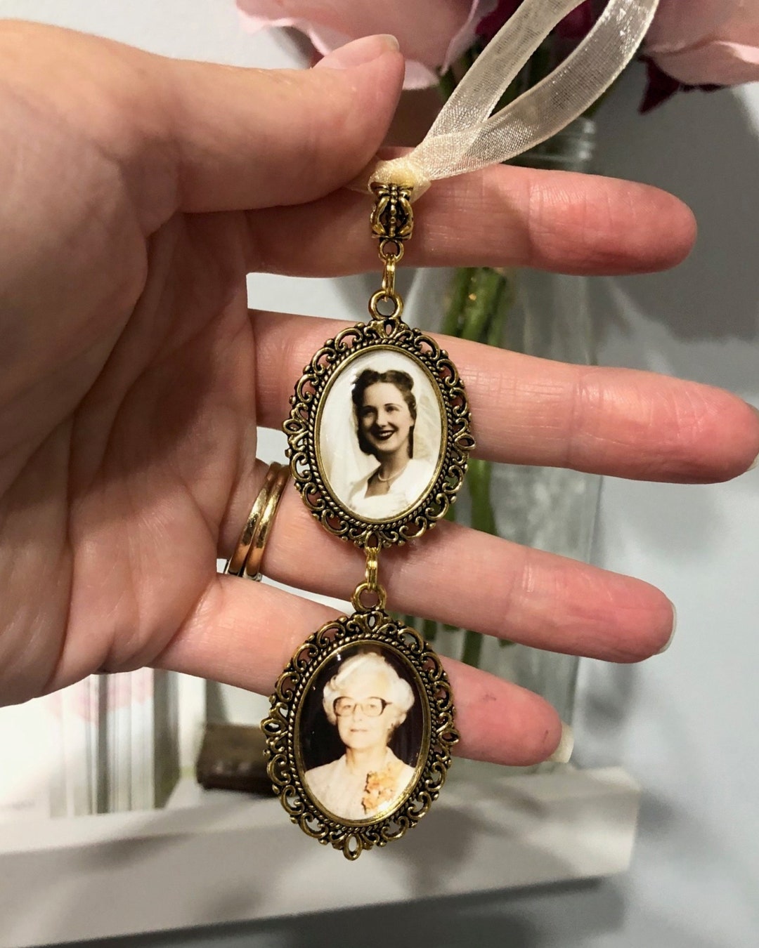 Gold Bouquet Charm, Memorial Pin, Bridal Bouquet Charm, Memorial Photo ...