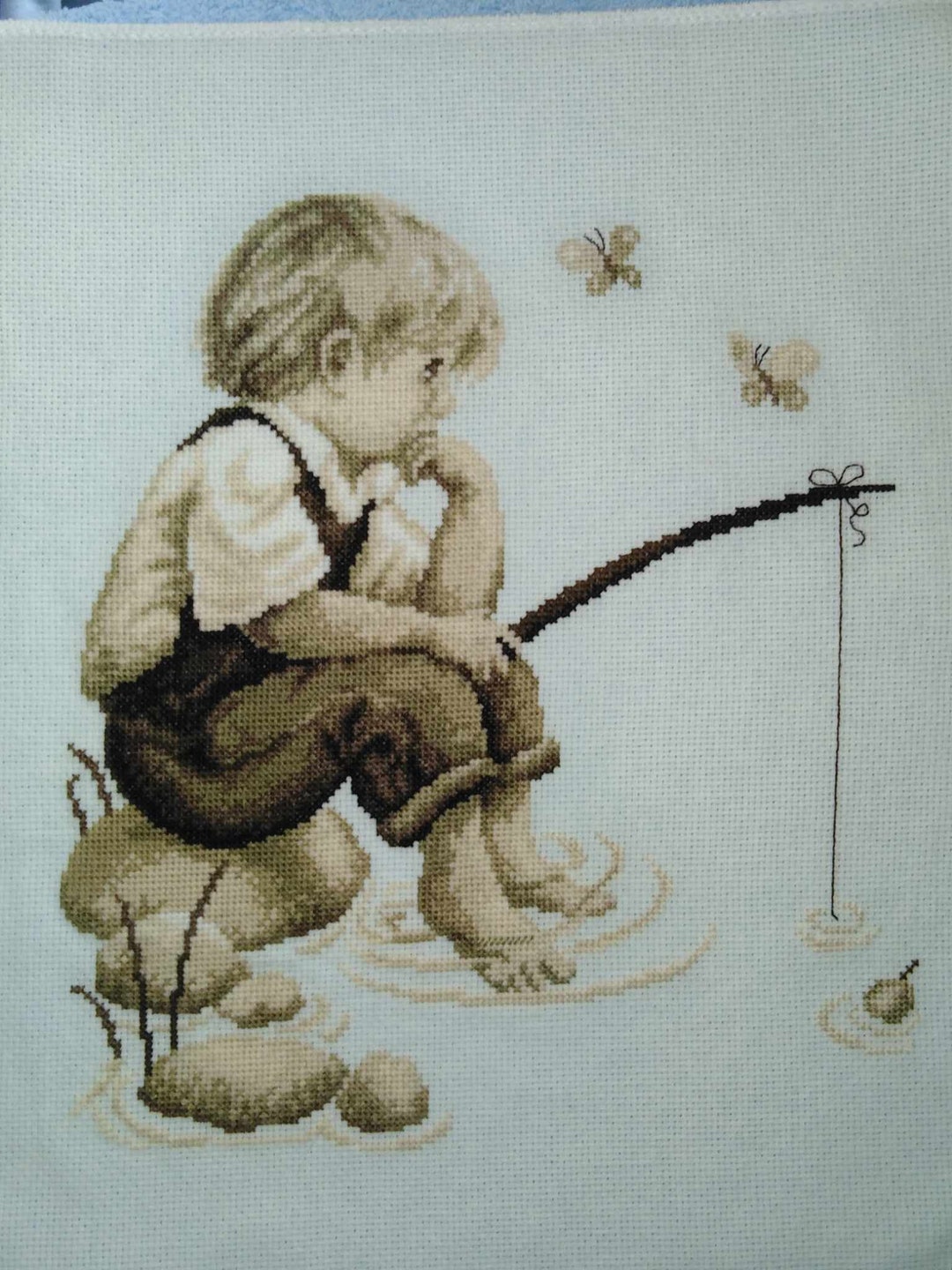 LITTLE FISHING BOY is a Beautiful Finished Cross Stitch, Wall Hanging ...
