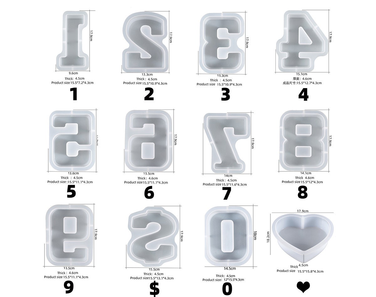 Number Mold for Epoxy Resin Art 6-inch, 0-9 Heart 4large Silicone Digit ...