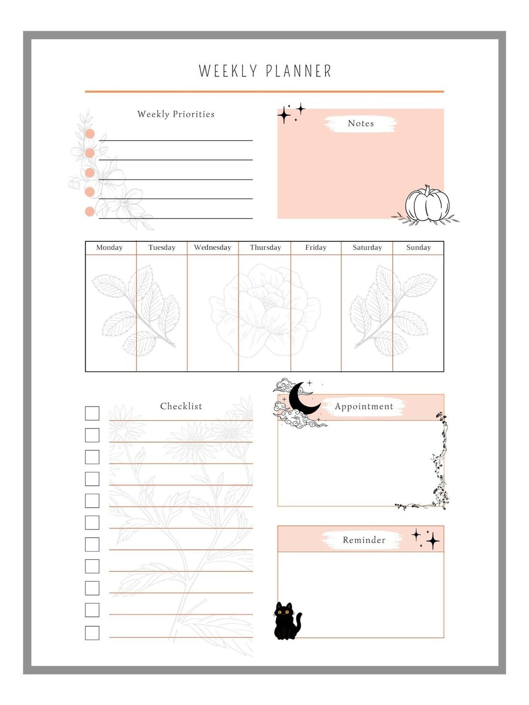 Cute Witchy Fall Digital Weekly Planner Undated, PDF Download ...