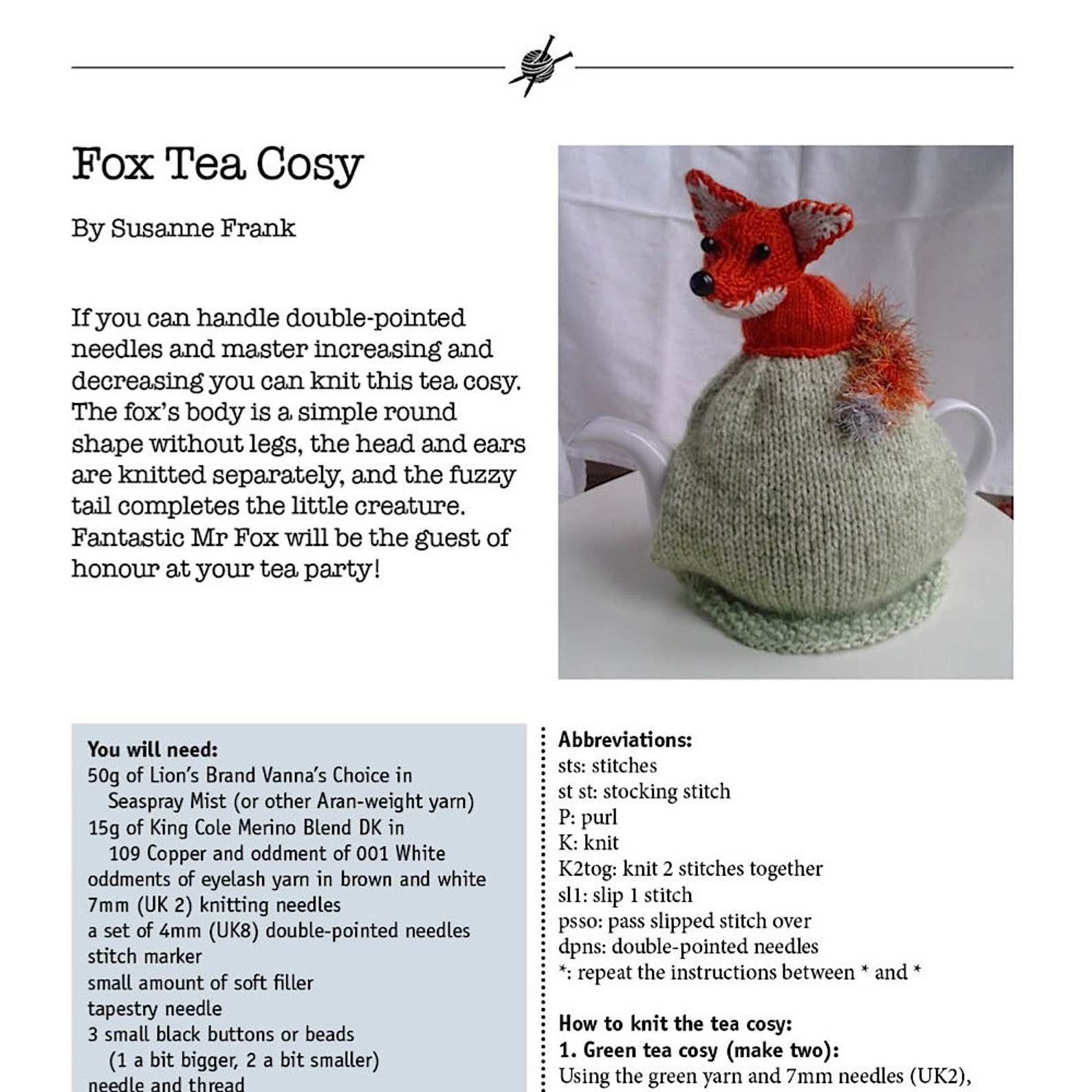 Knitted Fox Tea Cosy PDF Pattern - Etsy
