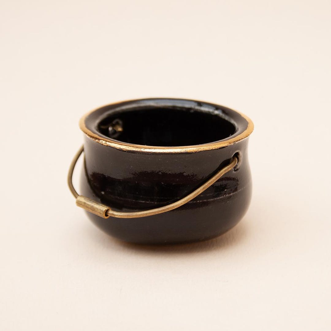 Stoneware Ceramic Miniature Cauldron, Handle Made in Bronze. Genuine ...