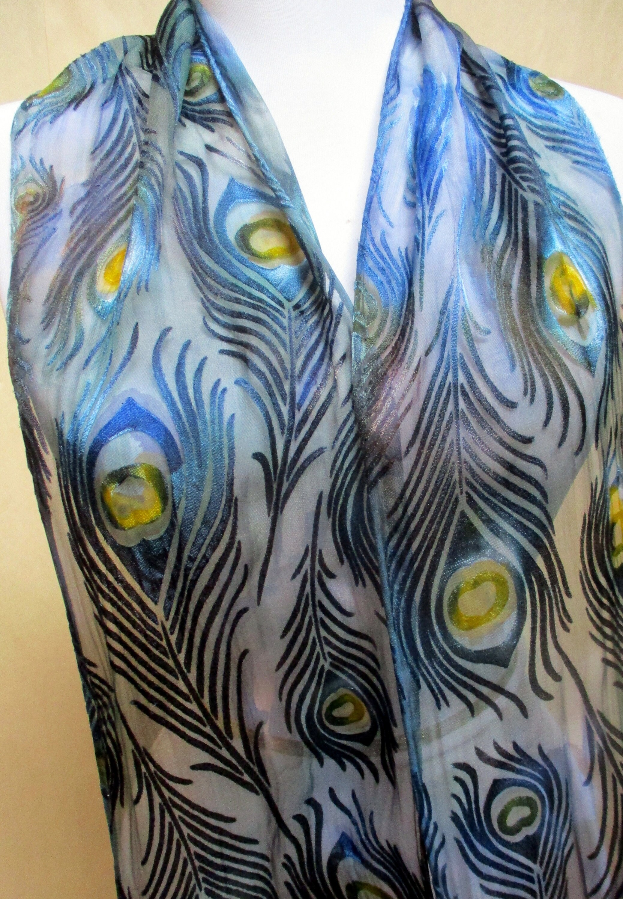 Peacock Feather Scarf- Hand Painted-unique Gift Under 50-artisan Made ...