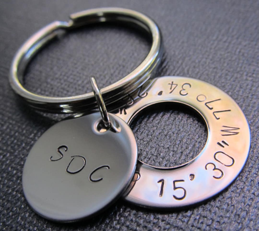 Latitude and Longitude Keyring, Personalized Keychain, Handstamped ...