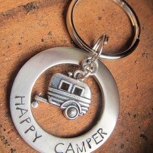 Camper Keychain Hand Stamped Key Ring Happy Camper Key Ring Gift for ...