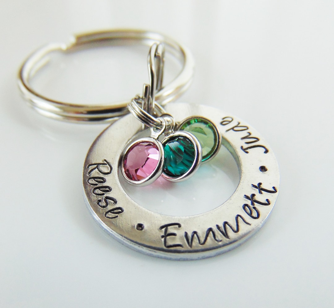 Mothers Day Personalized Keychain, Hand Stamped Key Ring, Birthstones ...