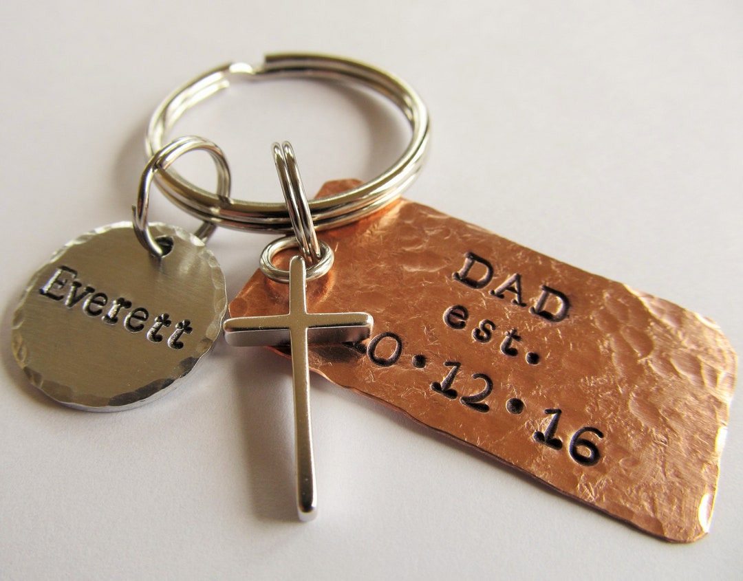 Father's Keyring, Copper Dad Keychain, Dad Est, Cross Keyring ...