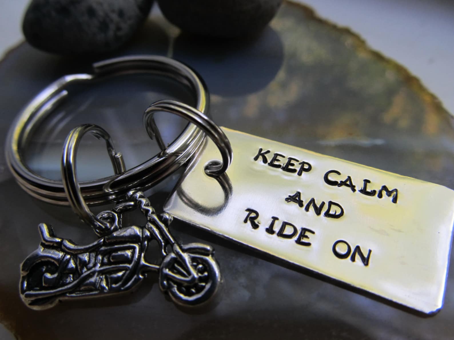 Motorcycle Key Ring Hand Stamped Key Ring Keep Calm Keychain Gift for ...