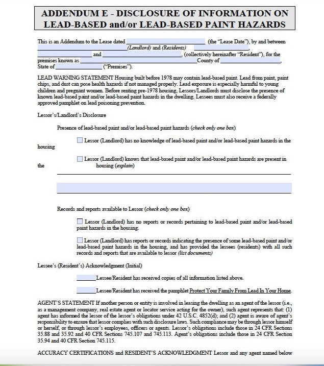 Rental Property Lead Based Paint Disclosure, EPA Brochure, and FREE ...