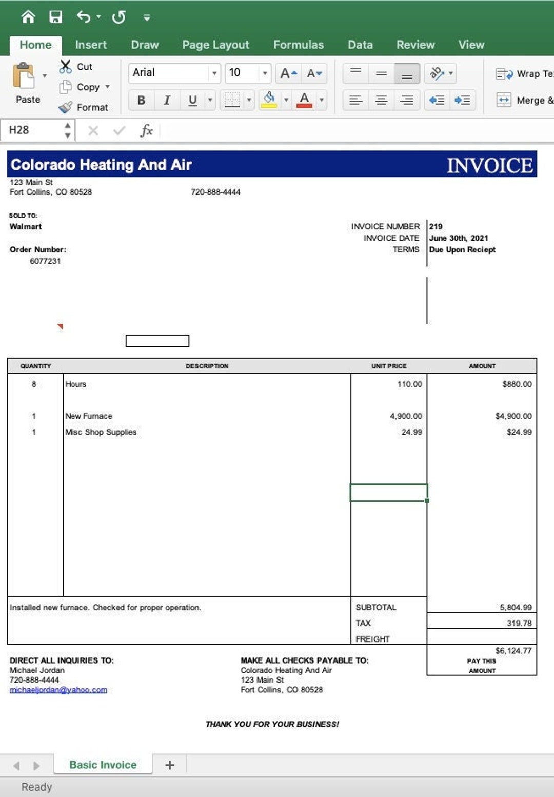 Microsoft Excel Invoice Template, Complete With Autofill Formulas, Customizable, Easy to Use ...