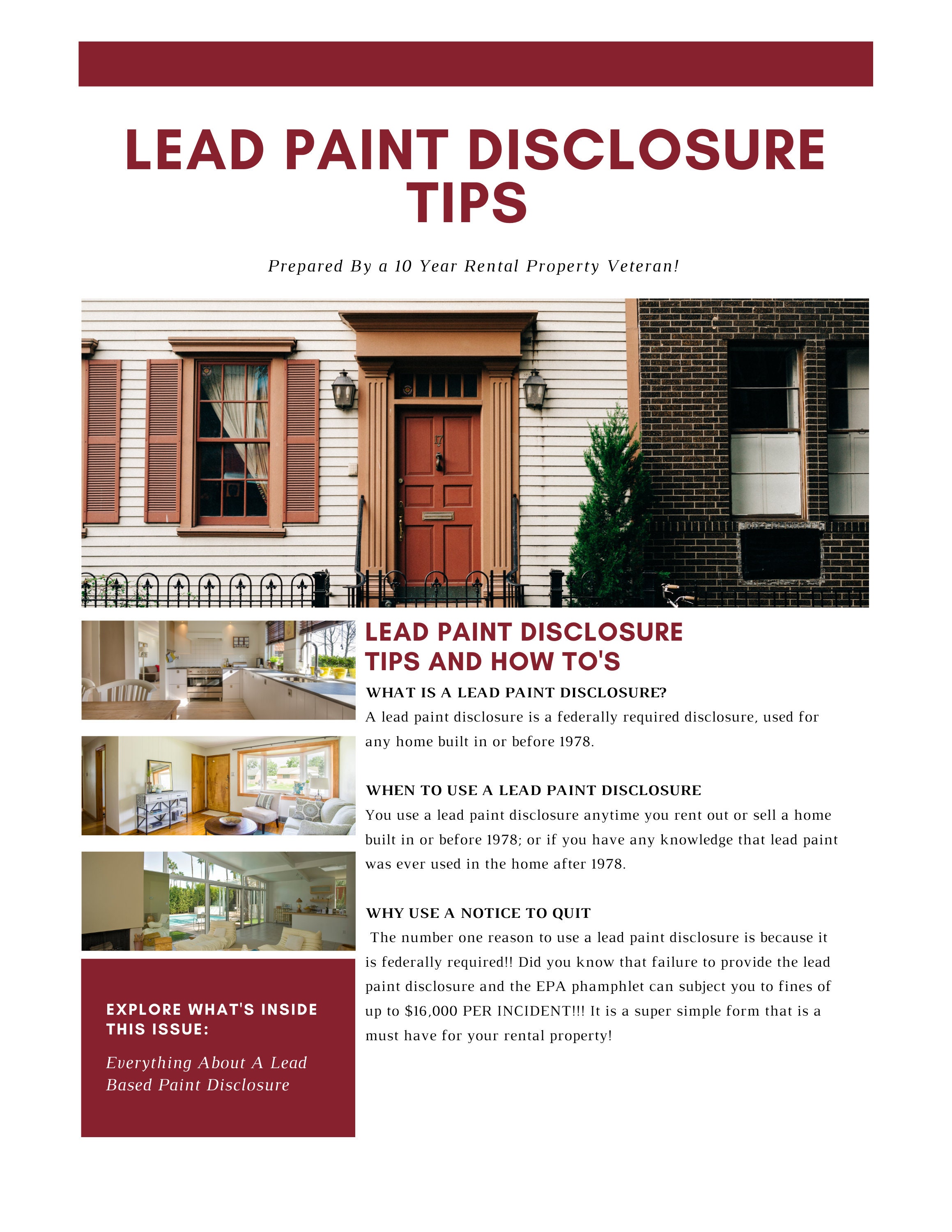 Rental Property Lead Based Paint Disclosure, EPA Brochure, and FREE ...