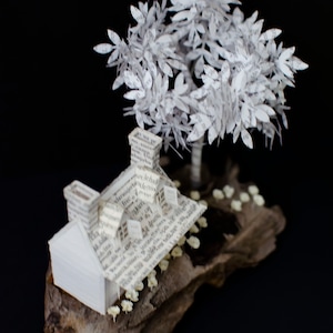 Tiny Paper House With Paper Tree on Olive Wood - Paper Art - Mixed ...