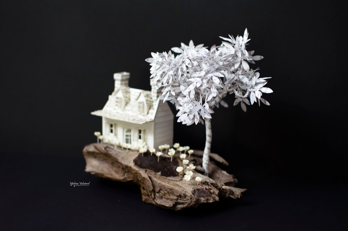 Tiny Paper House With Paper Tree on Olive Wood Paper Art - Etsy