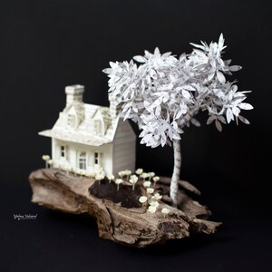 Tiny Paper House With Paper Tree on Olive Wood - Paper Art - Mixed ...