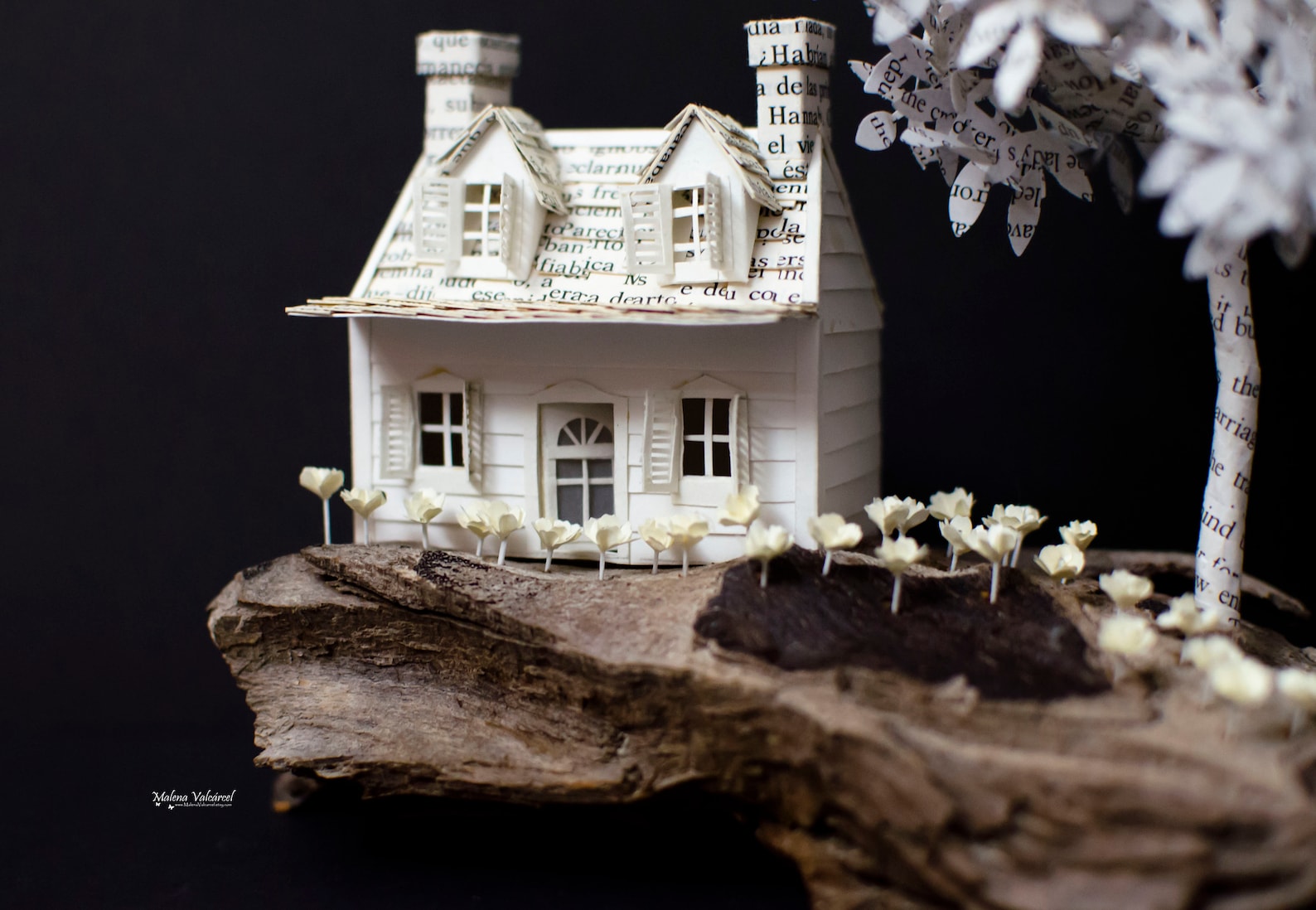 Tiny Paper House With Paper Tree on Olive Wood Paper Art - Etsy