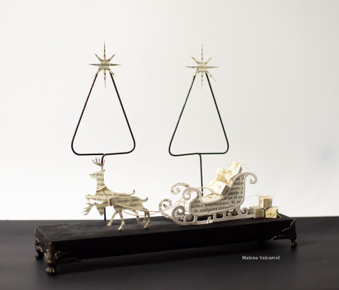 Miniature Sled With Two Reindeers on a Wooden Base Paper Sled With Tiny ...