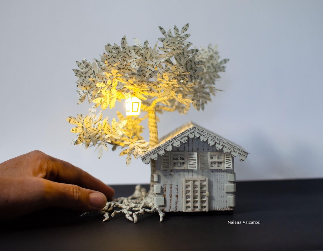 My Lovely House - Mixed Media Art - Wooden House With Book Paper Tree - Led Light - Paper Art - Etsy