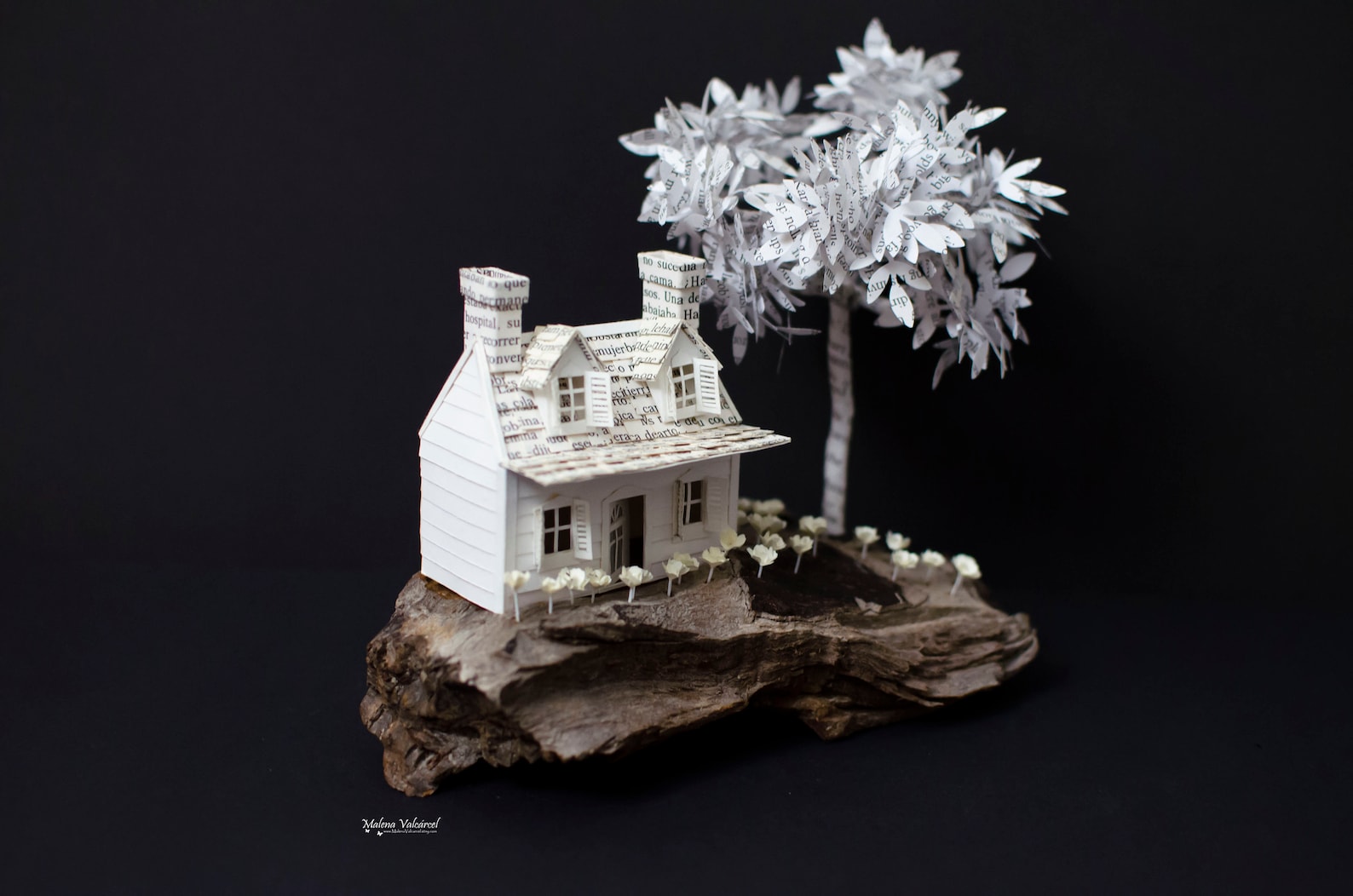 Tiny Paper House With Paper Tree on Olive Wood Paper Art - Etsy