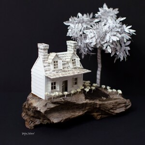 Tiny Paper House With Paper Tree on Olive Wood - Paper Art - Mixed ...