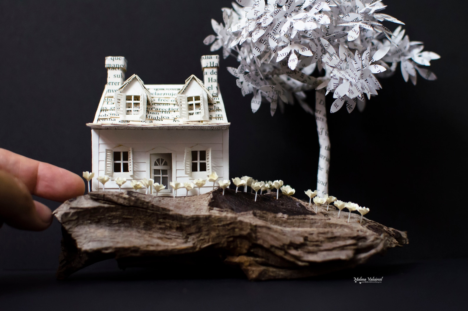 Tiny Paper House With Paper Tree on Olive Wood Paper Art - Etsy
