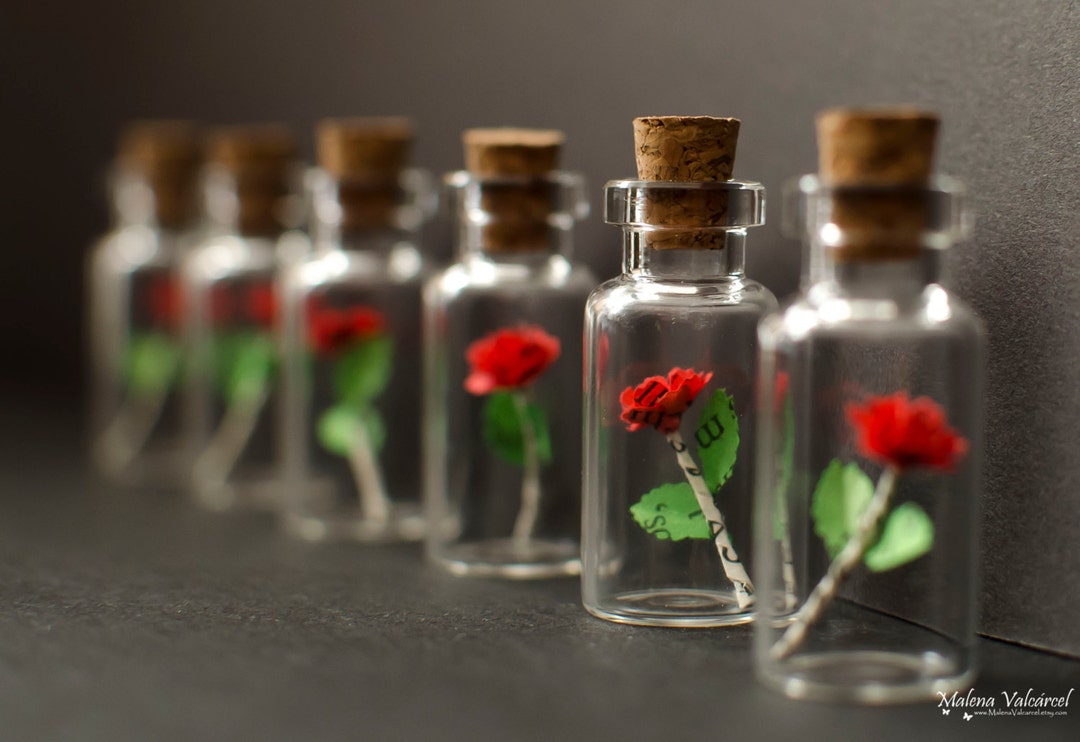 Tiny Paper Rose in a Bottle - Vial With Miniature Rose - Valentines Day ...