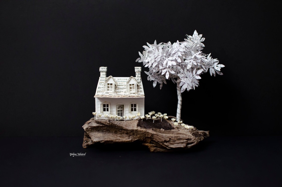Tiny Paper House With Paper Tree on Olive Wood Paper Art - Etsy