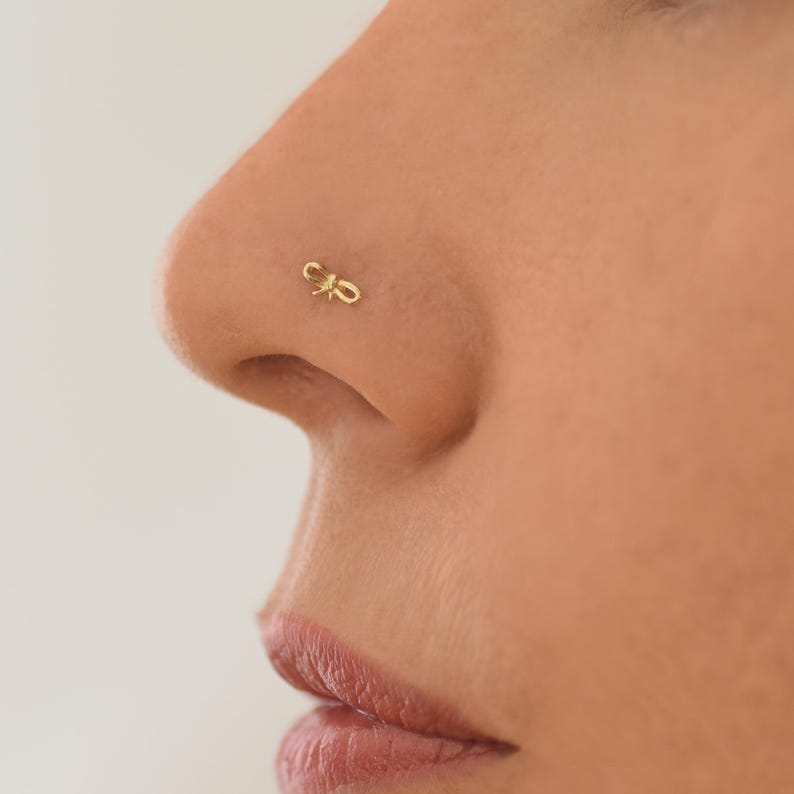 Bow Nose Stud, 14k Solid Gold Nose Stud, Dainty Nose Jewelry, Gold Bow ...
