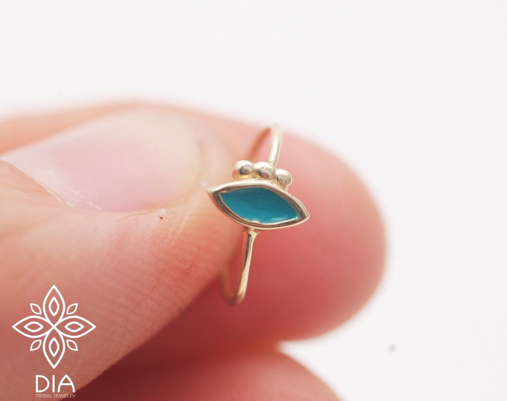 Cartilage Hoop, 14k SOLID GOLD Hoop, Turquoise Small Hoop Earring Helix ...