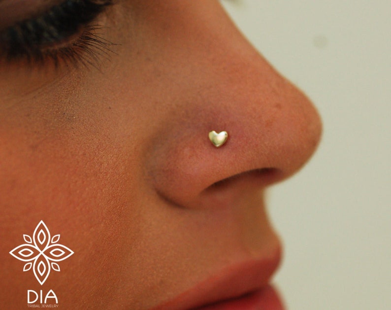 Tiny Nose Stud, Tiny Heart Nose Stud, 14k Gold Nose Ring, Heart Tragus ...
