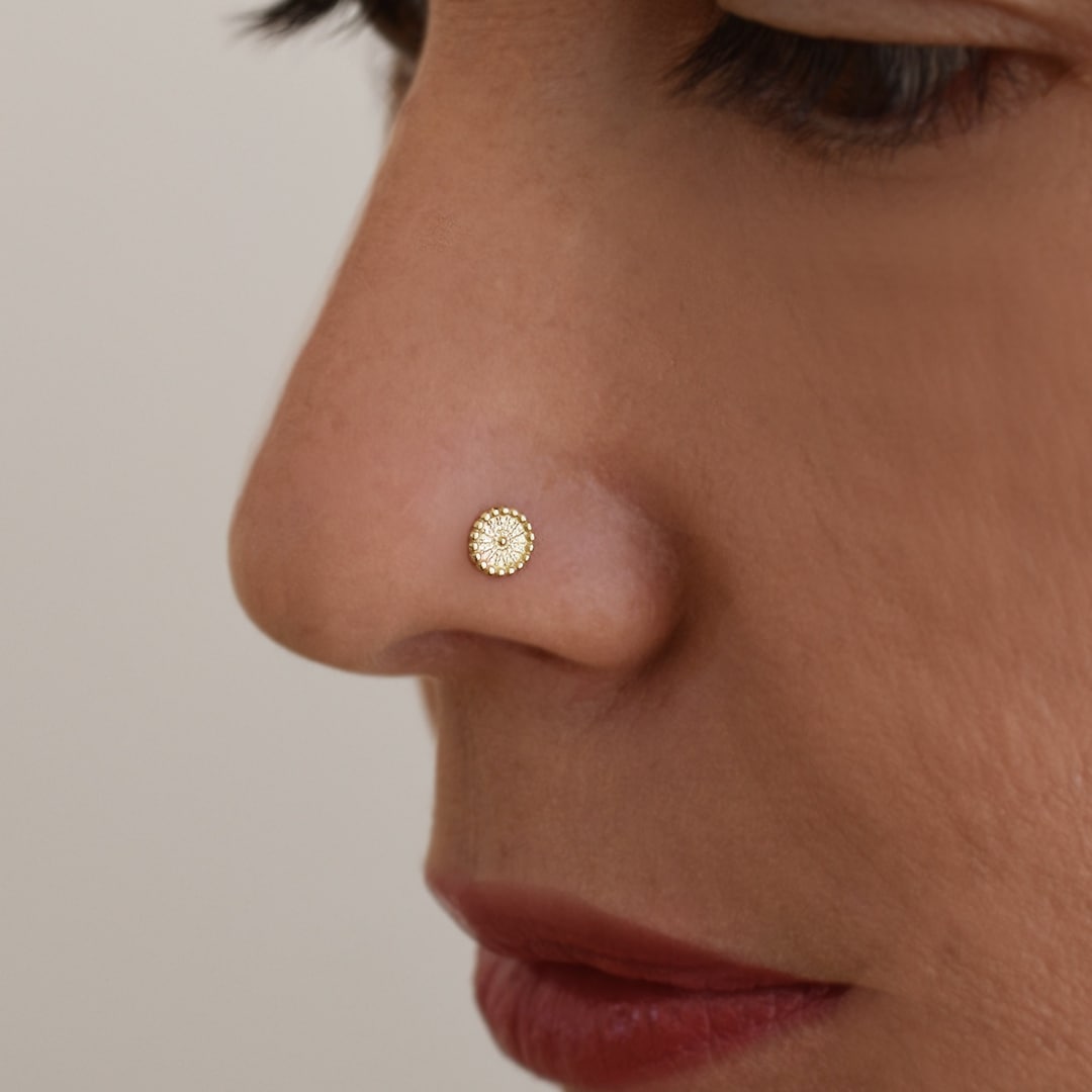 Dainty Circle Nose Studs, 14k Gold Nose Ball End, L-shape Gold Nose ...