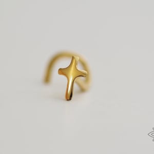 14KT Yellow Gold Nose Stud Ring, Cross Nose Stud, Solid Gold Nose Stud ...