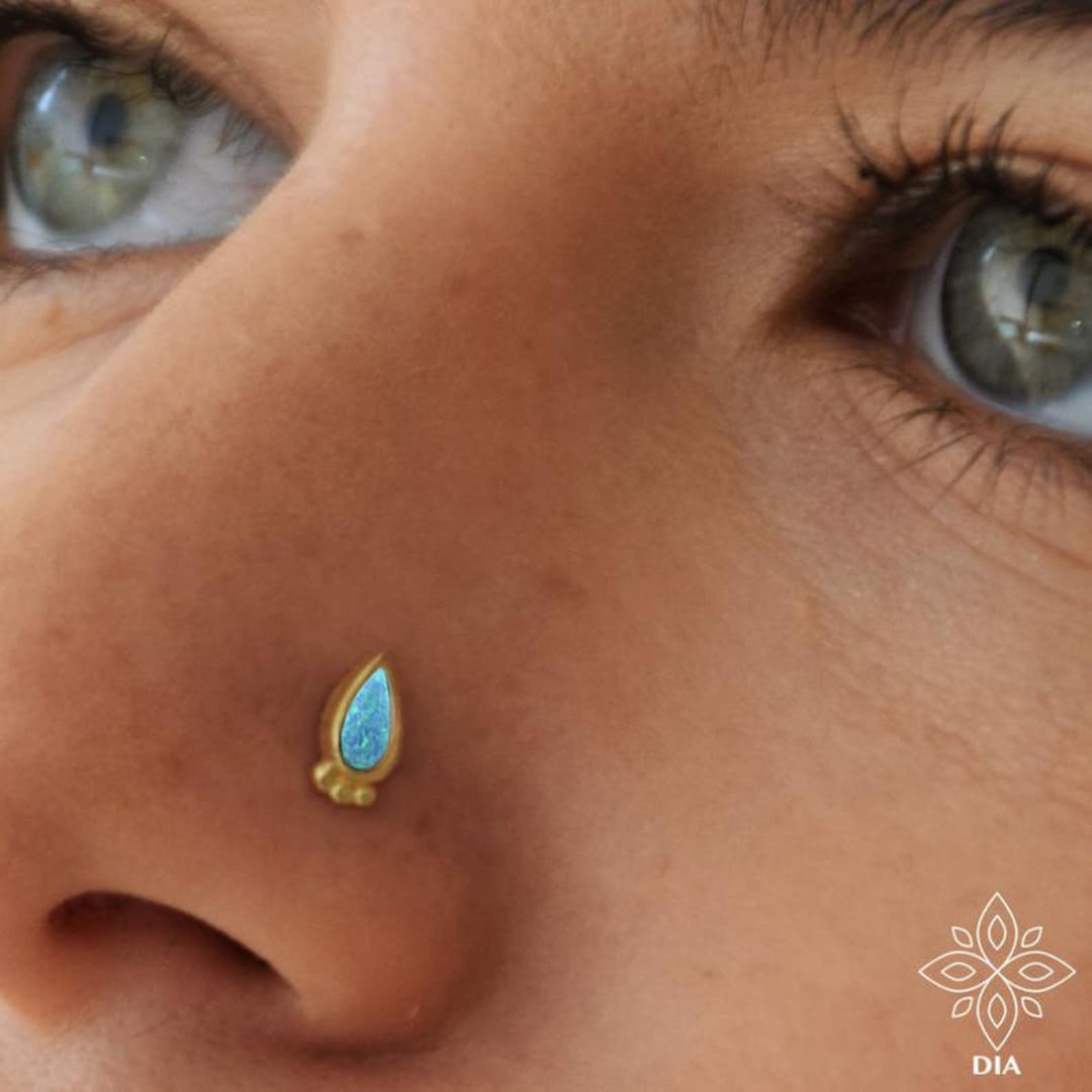 Blue Opal Nose Stud 14k GOLD Tiny Gold Drop Nose Ring Jewelry Boho Nose ...