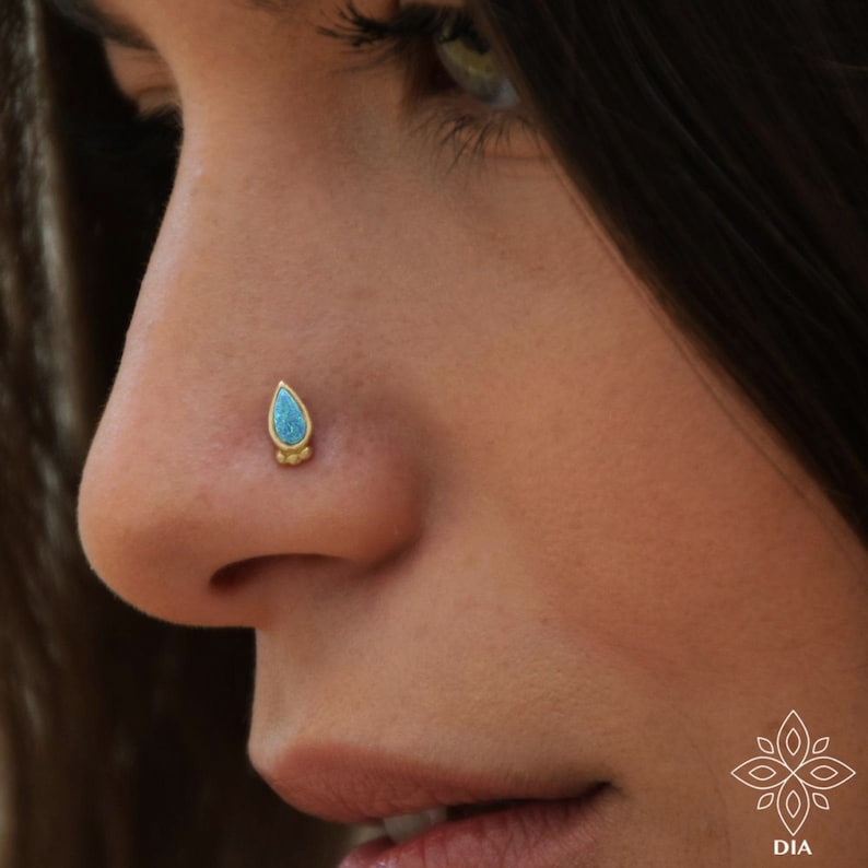 Blue Opal Nose Stud 14k GOLD Tiny Gold Drop Nose Ring Jewelry Boho Nose ...