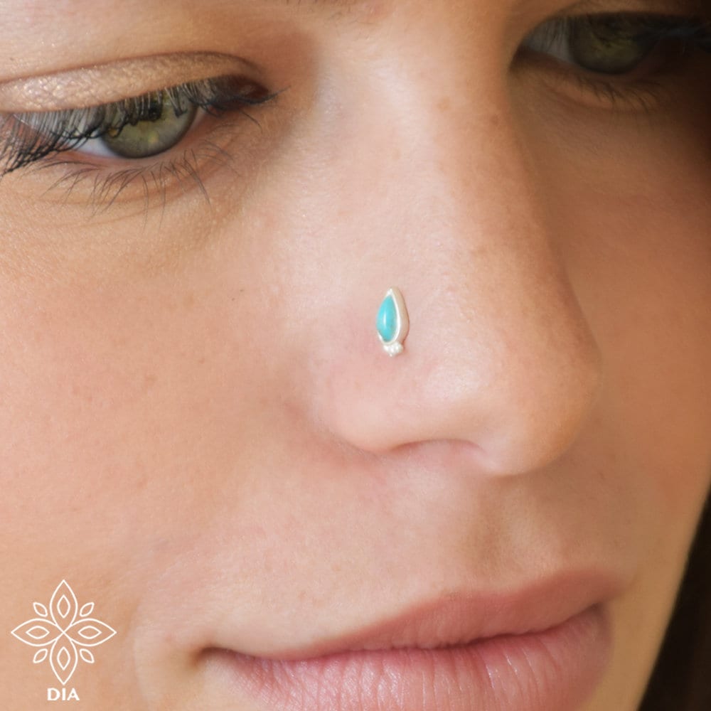 Turquoise Nose Stud 18g, Tiny GOLD Nose Stud, Tiny Gold Drop Shaped ...