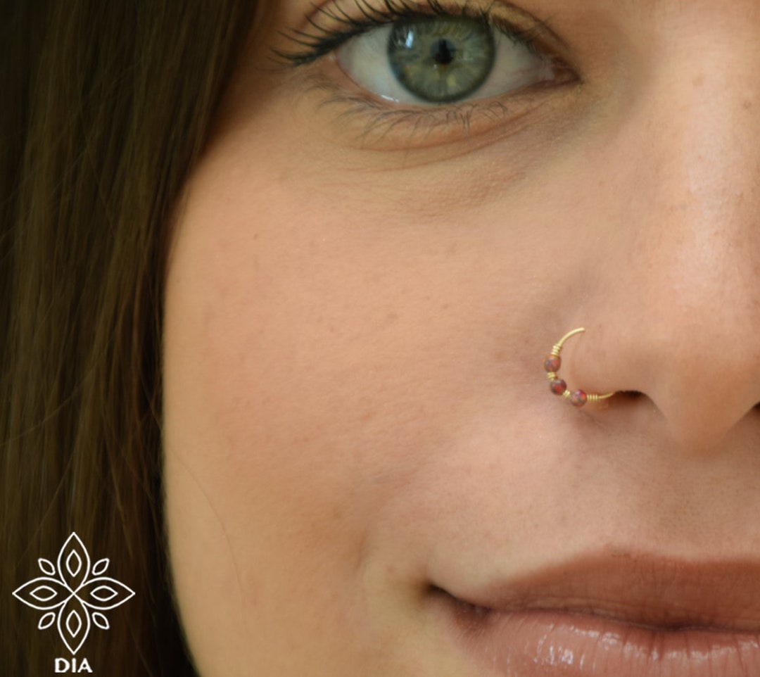 Tiny Nose Ring Hoop, Opal Nose Piercing, SOLID GOLD Nose Hoop, Fire Opal Nose Hoop, White Opal ...
