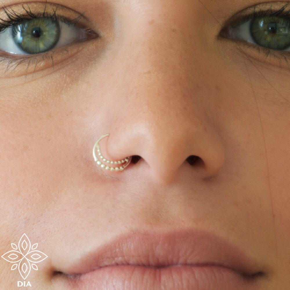 14k GOLD Hoop Tiny gold nose hoop Double Nose Ring Boho Nose | Etsy