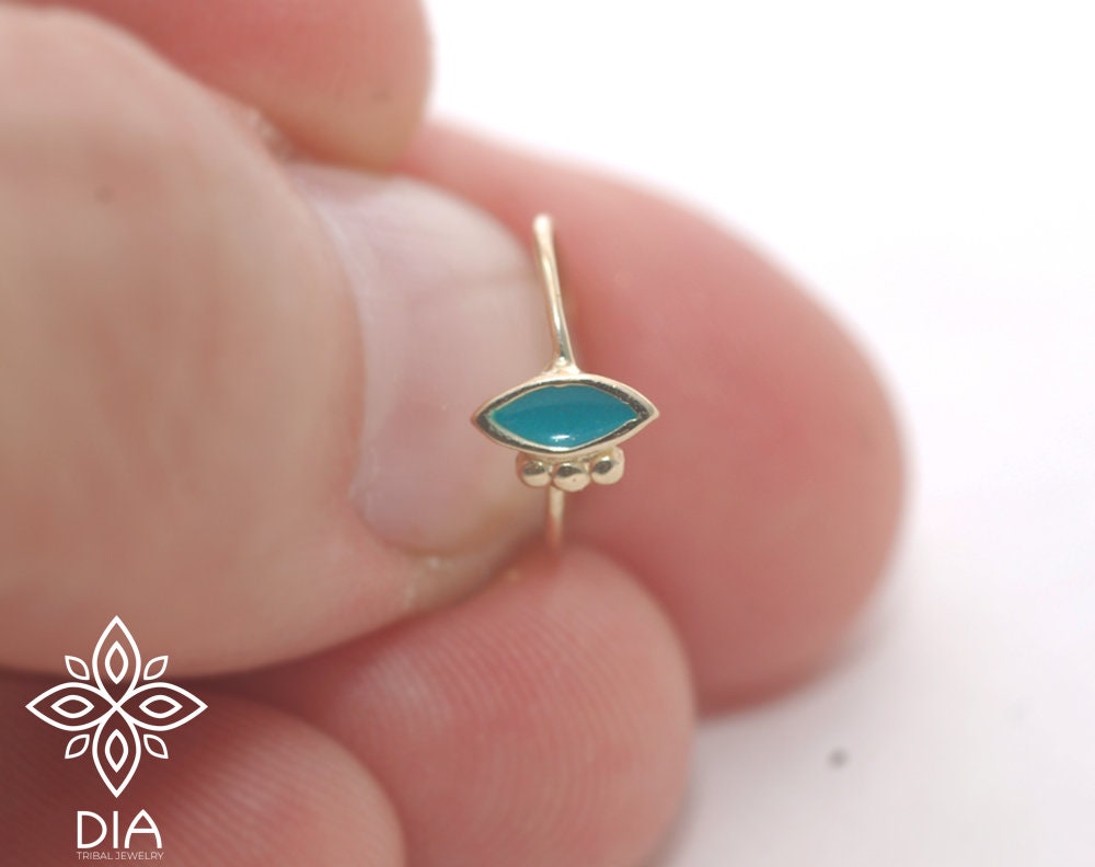 Cartilage Hoop, 14k SOLID GOLD Hoop, Turquoise Small Hoop Earring Helix ...