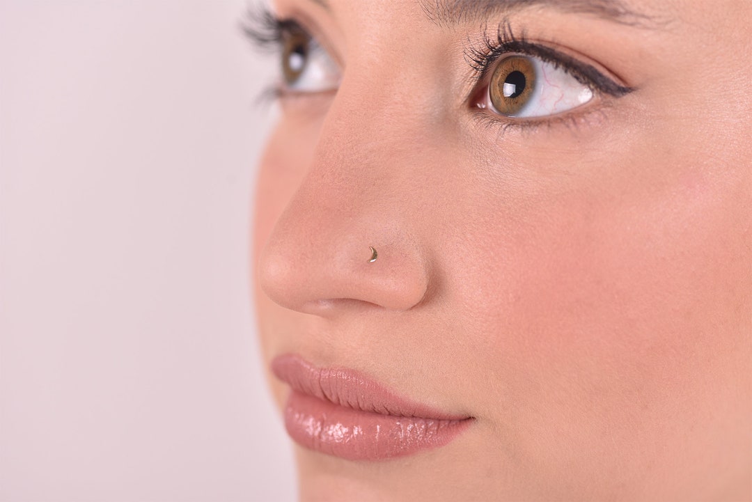 Tiny Nose Stud 14k Gold Solid Nose Screw Moon Nose Ring Earrings Helix ...