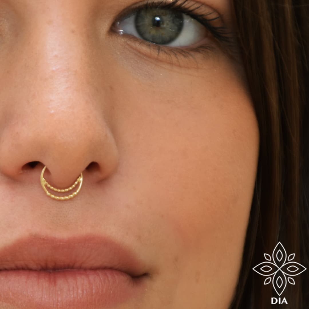 Double Septum Ring, Solid Gold Septum, Moon Septum Ring, Gold Daith ...