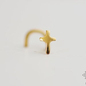 14KT Yellow Gold Nose Stud Ring, Cross Nose Stud, Solid Gold Nose Stud ...
