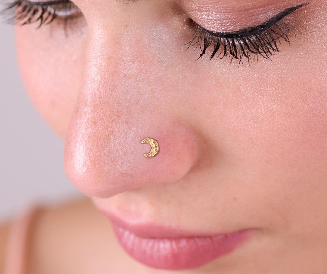 Moon Stud, 14K Gold Nose Screw, 14K Gold Moon Nose Stud, Helix Stud, Tiny Nose Stud, Moon ...