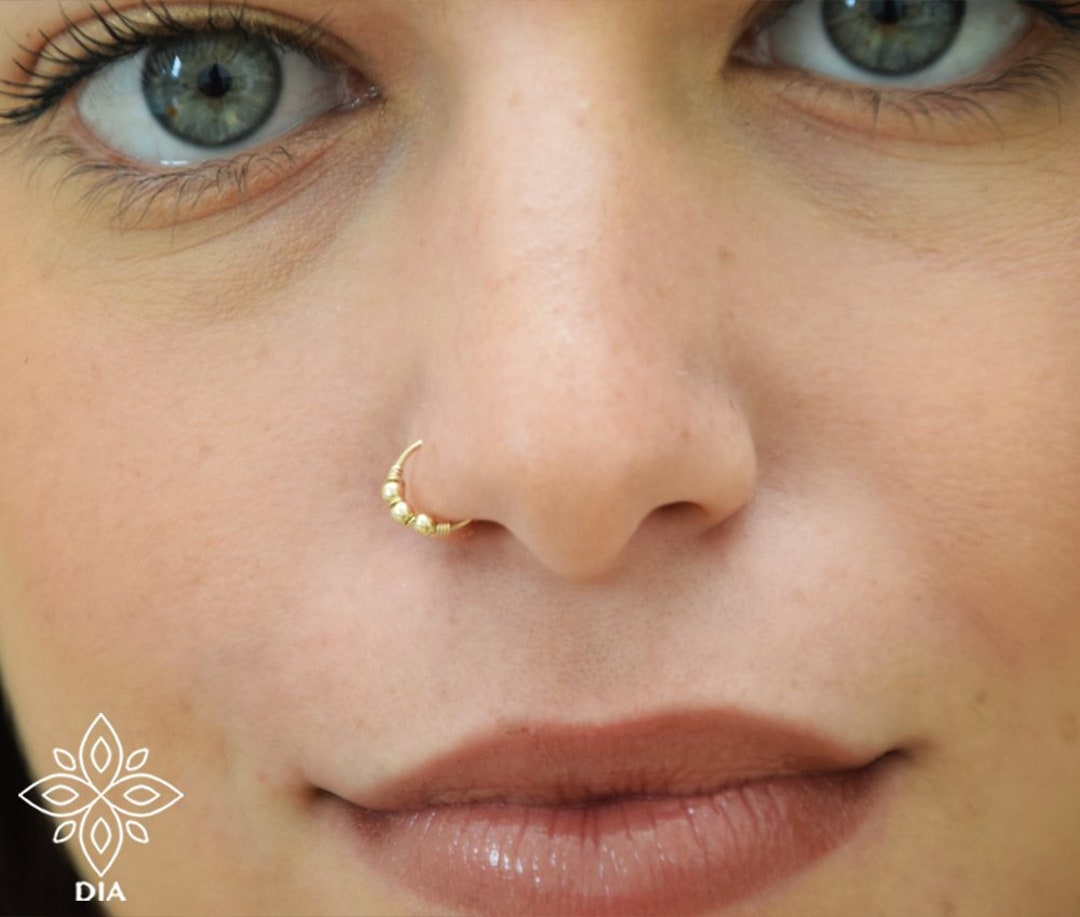 Gold Nose Ring, Handmade Nose Hoop, Seamless Nose Ring, Solid 14k Gold, Beaded Gold Nose Ring ...