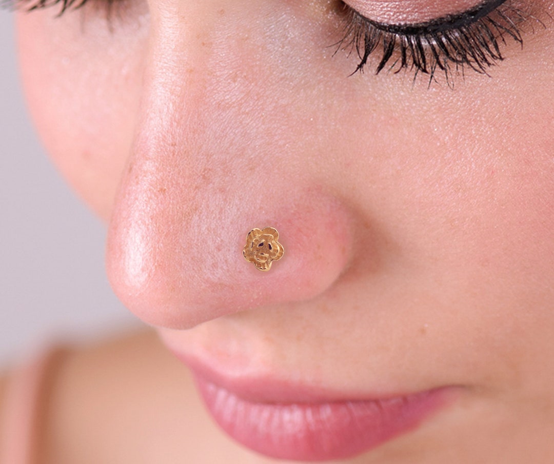 Rose Nose Earring, 14k Gold Flower Nose Stud, Flower Cartilage Earring ...