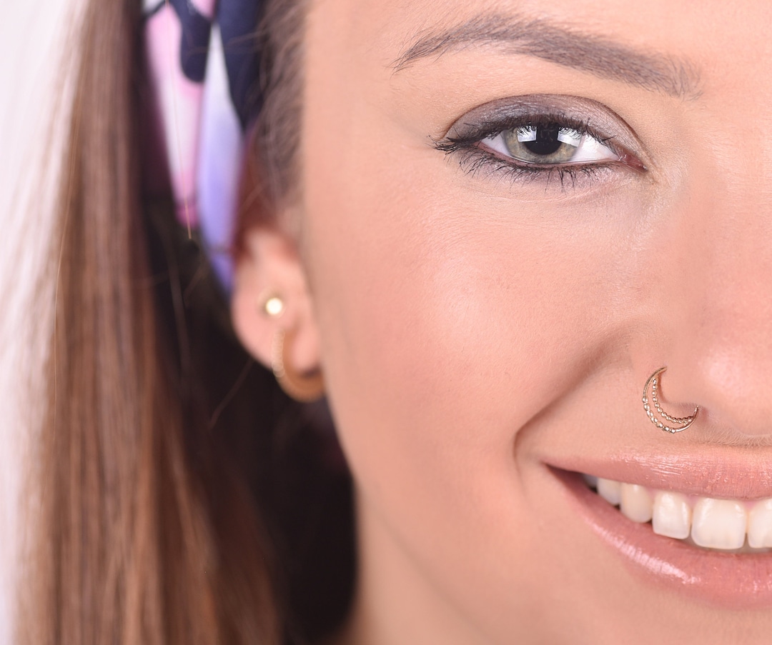 14k GOLD Moon Nose Ring Hoop, Boho Nose Ring, Septum Ring, Nose Jewelry ...