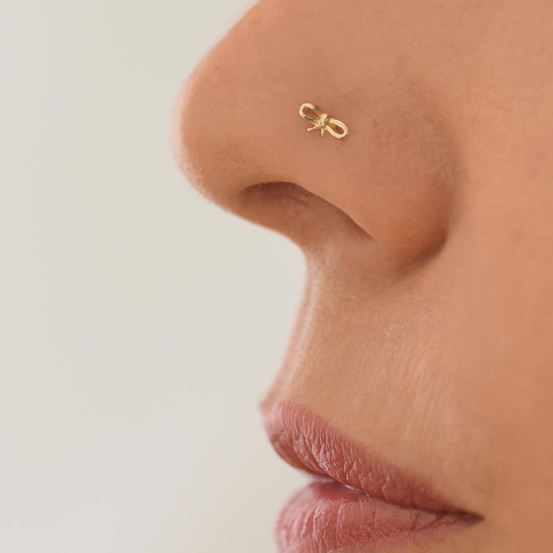 Bow Nose Stud, 14k Solid Gold Nose Stud, Dainty Nose Jewelry, Gold Bow ...