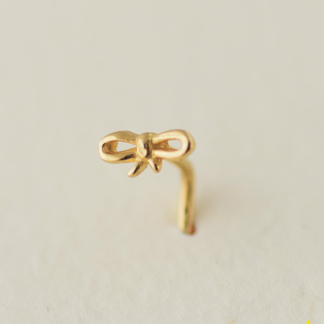 14k Gold Bow Nose Stud, Dainty Solid Gold Nose Ring, Minimalist Bow ...