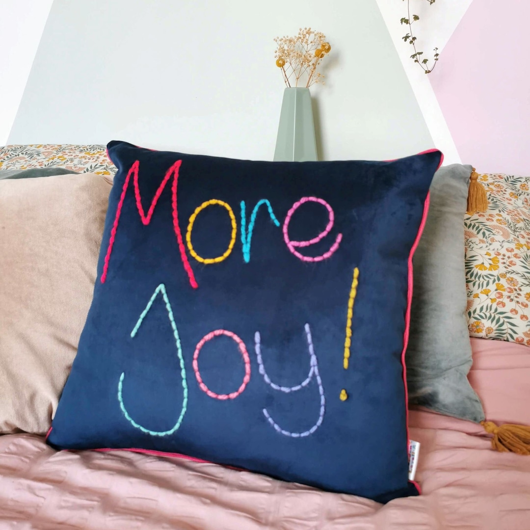 More Joy! Embroidered Velvet Cushion - Etsy