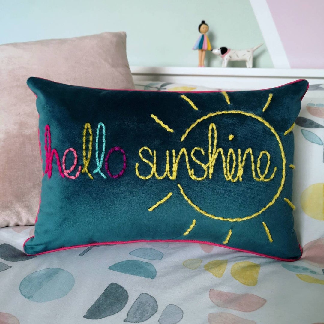 Hello Sunshine Embroidered Velvet Cushion - Etsy