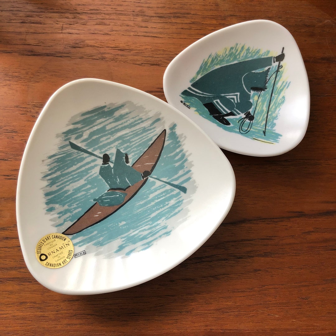 Vintage Inuit Art Trinket Dish Set: Kayak & Spear Fishing, Ornamin ...