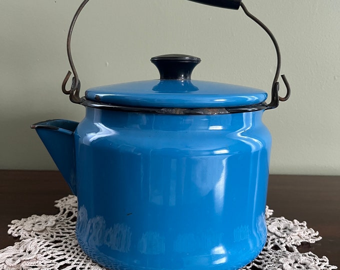 1940s Bright Royal Blue Enamelware Teapot | Kettle With Wooden Handle ...